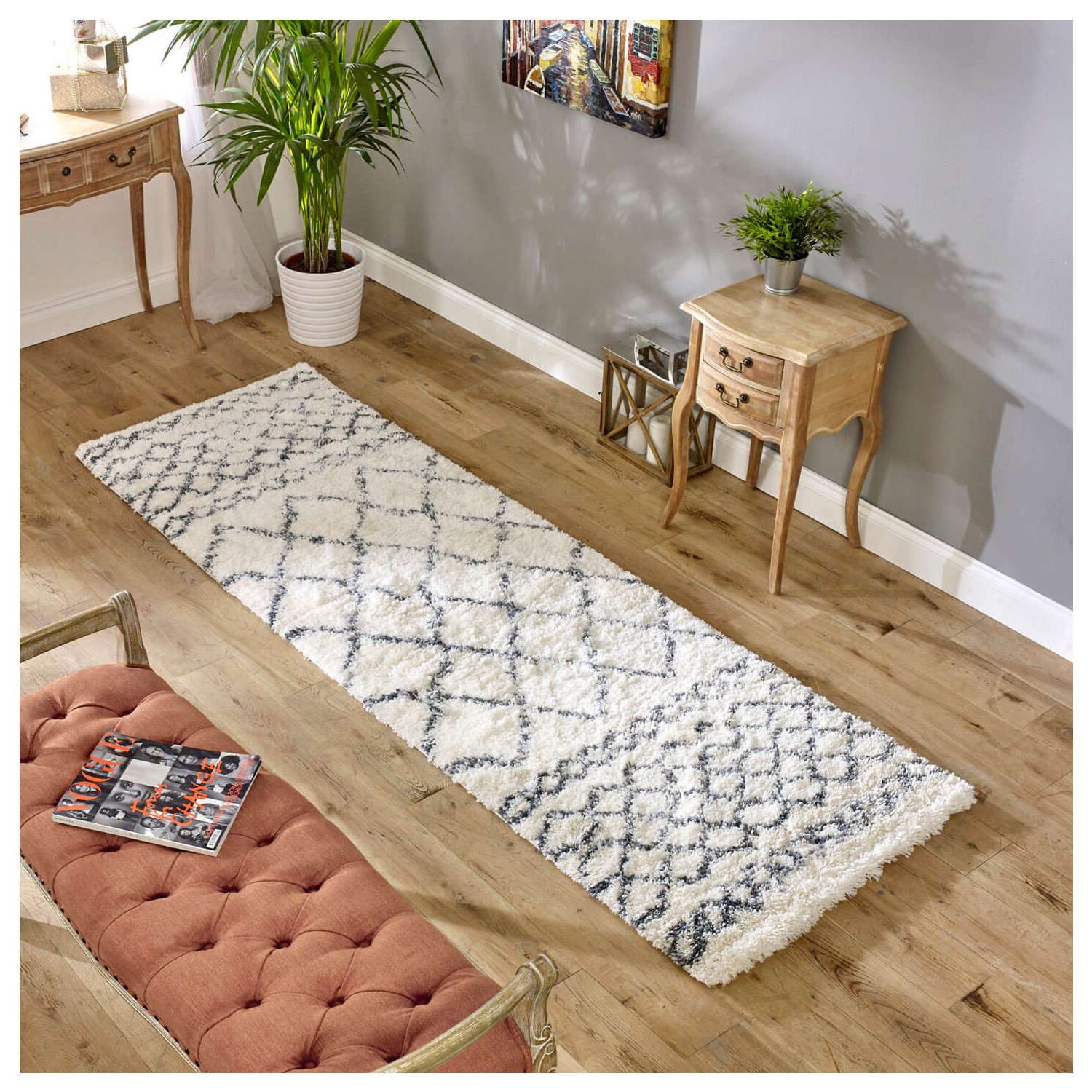 Scandi Berber Runner Rug in White and Grey - 80x240cm - Alto - Furniture123