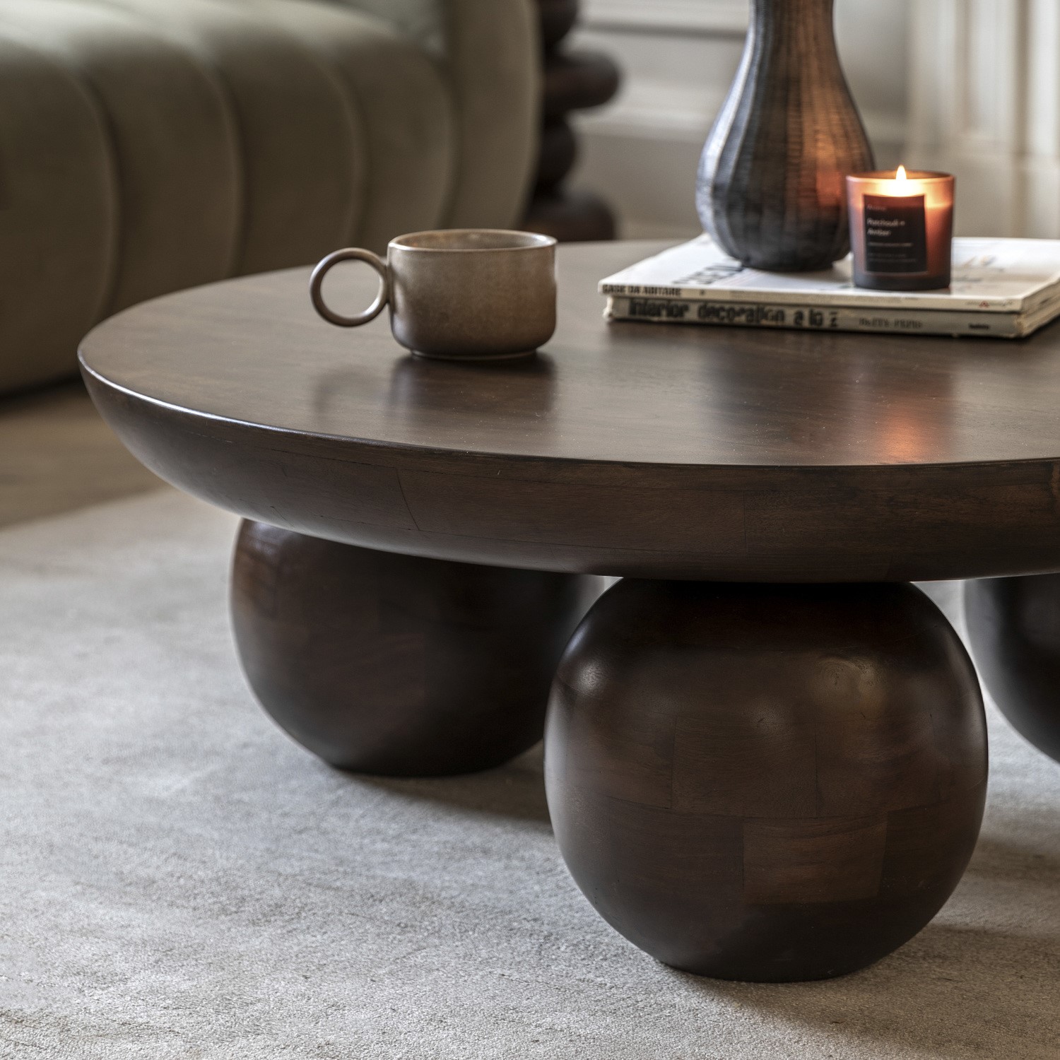 Round Mango Wood Coffee Table with Ball Feet - Sculpt- Caspian House ...