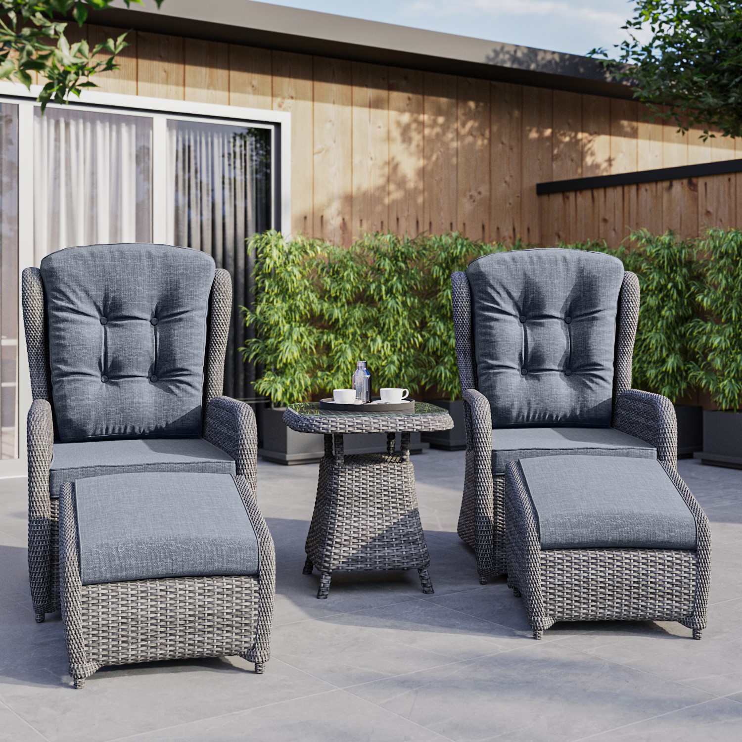 Reclining Rattan Garden Sun Lounger Set With Table And Footstools Reclining Rattan Garden Sun Lounger Set With Table And Footstools