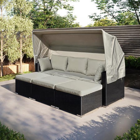 ONLY OPENED - 3 Seater Black Rattan Modular Cube Sun Lounger Sofa Set with Sun Shade - Fortrose ...