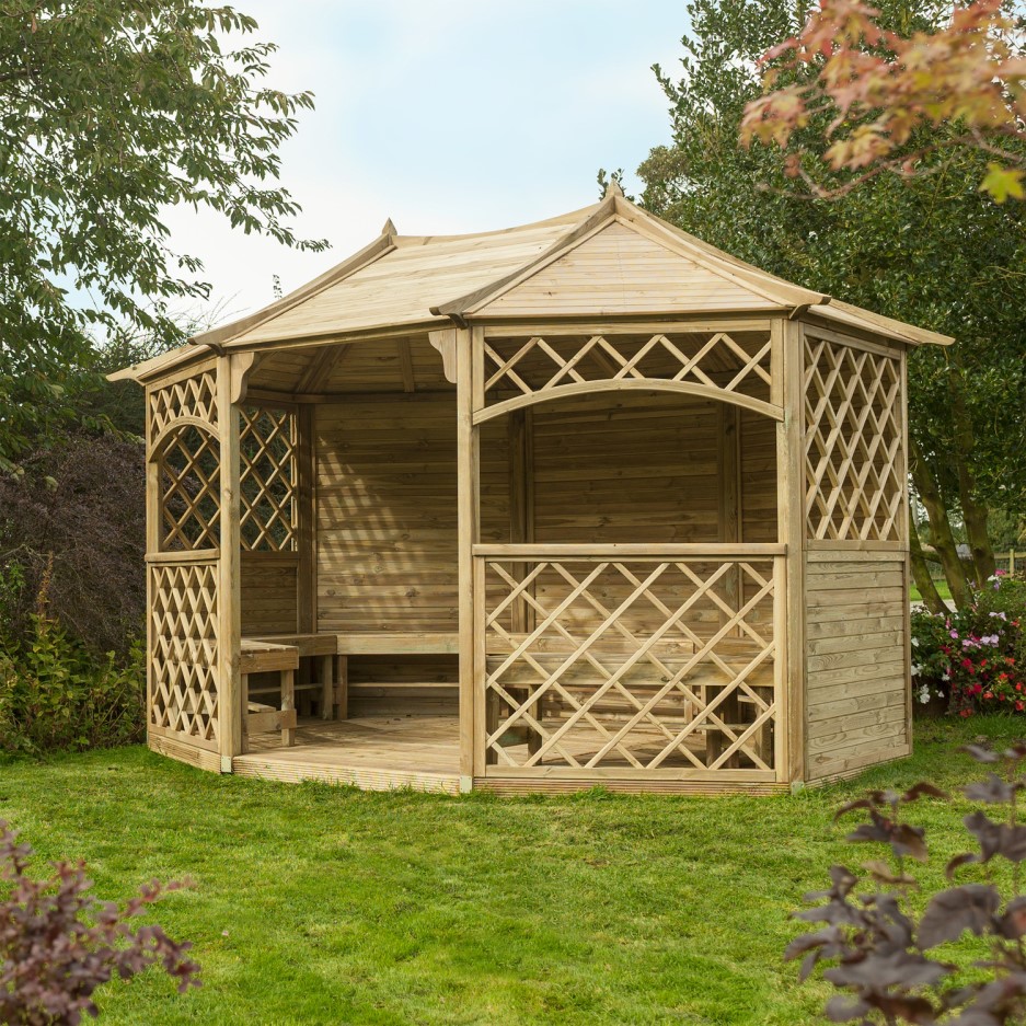 Large Wooden Gazebo with Built In Benches - Rowlinson | Furniture123