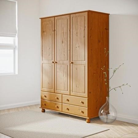 Pine 3 Door Triple Wardrobe with Drawers - Hamilton - Furniture123