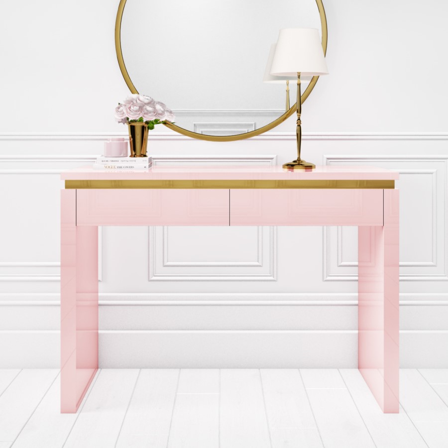 Pink High Gloss Dressing Table with 2 Drawers and Metallic Trim ...