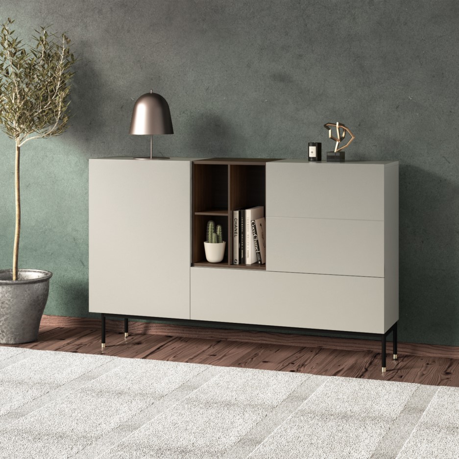 Large Sideboard in Taupe with Storage Drawers and Shelves - Kallen ...