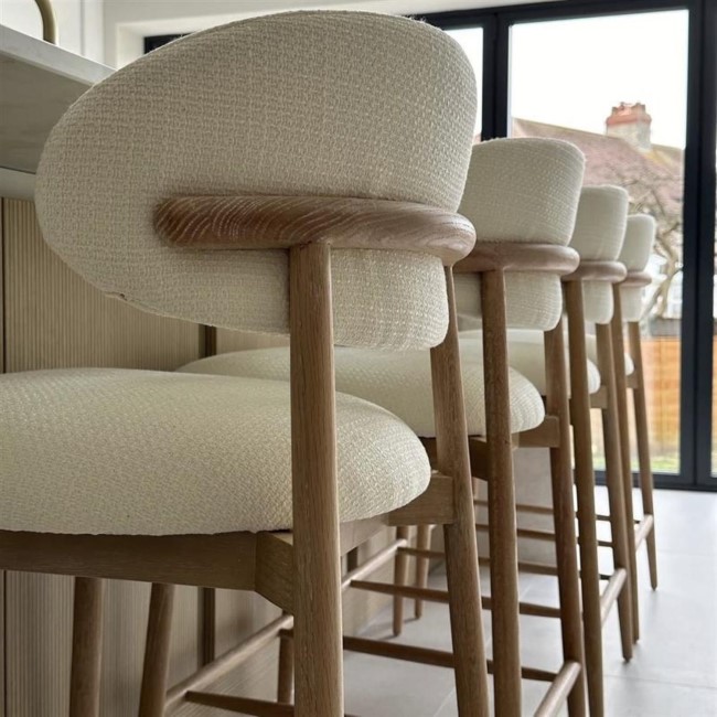 Cream Upholstered Curved Kitchen Stool with Limewash Solid Oak Exposed ...