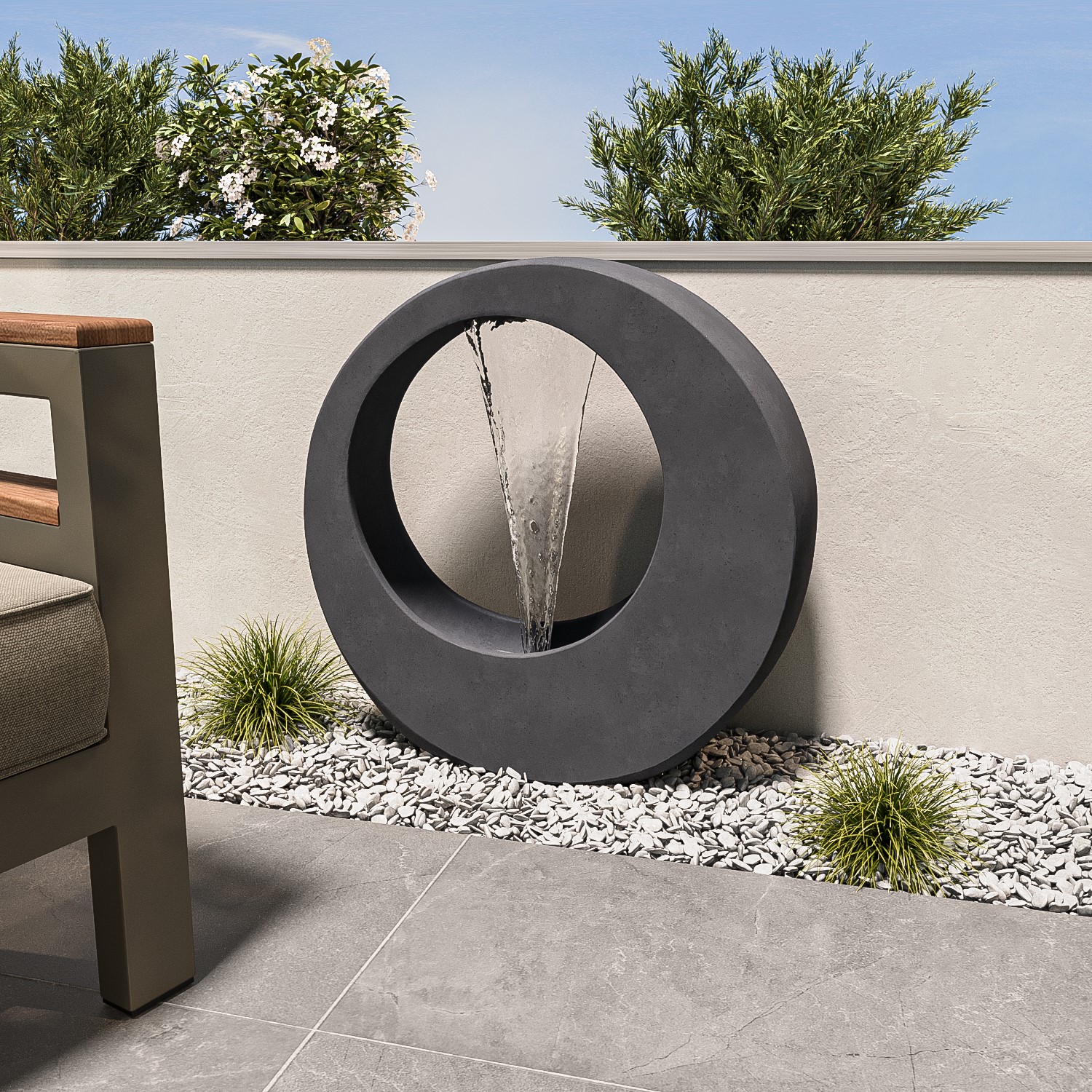 Round Water Feature with LED Lights - Anthracite Polyresin - Furniture123