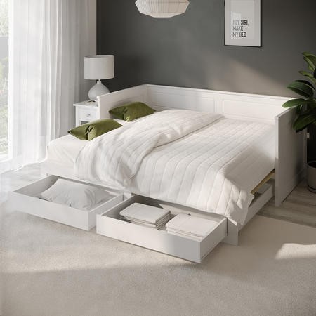 Single Wooden Day Bed with Trundle and Storage in White - Lincoln ...
