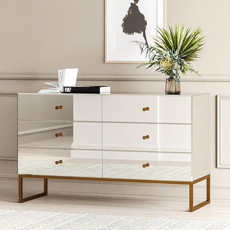 Wide Mirrored Chest of 6 Drawers with Legs - Lola - Furniture123