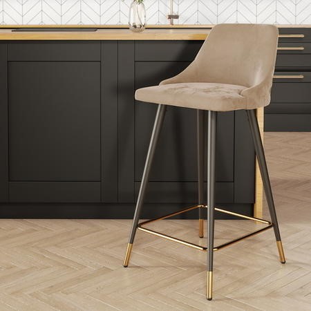 Beige Velvet Kitchen Stool with Back - 66cm - Maddy - Furniture123