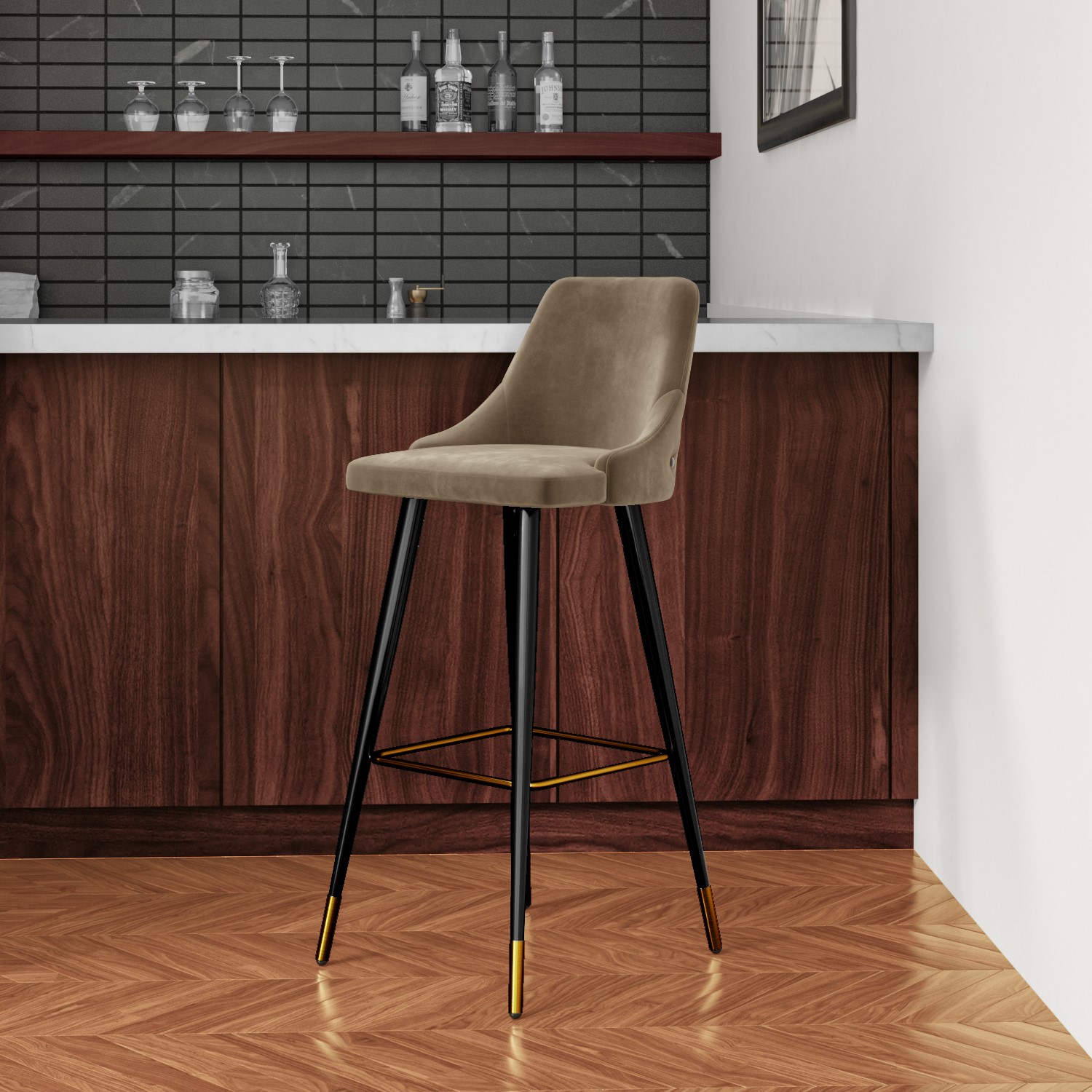 Beige Velvet Button Back Bar Stool - 79cm - Maddy - Furniture123