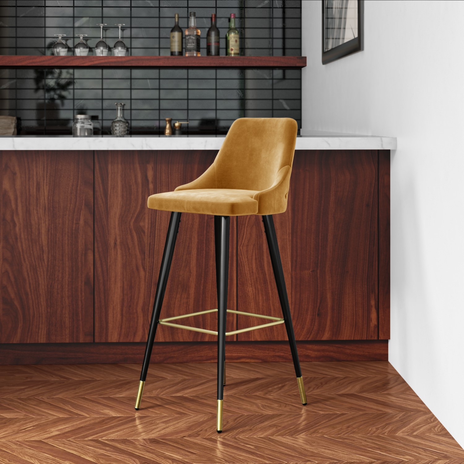 GRADE A2 - Mustard Velvet Bar Stool with Back - 79cm - Maddy - Furniture123