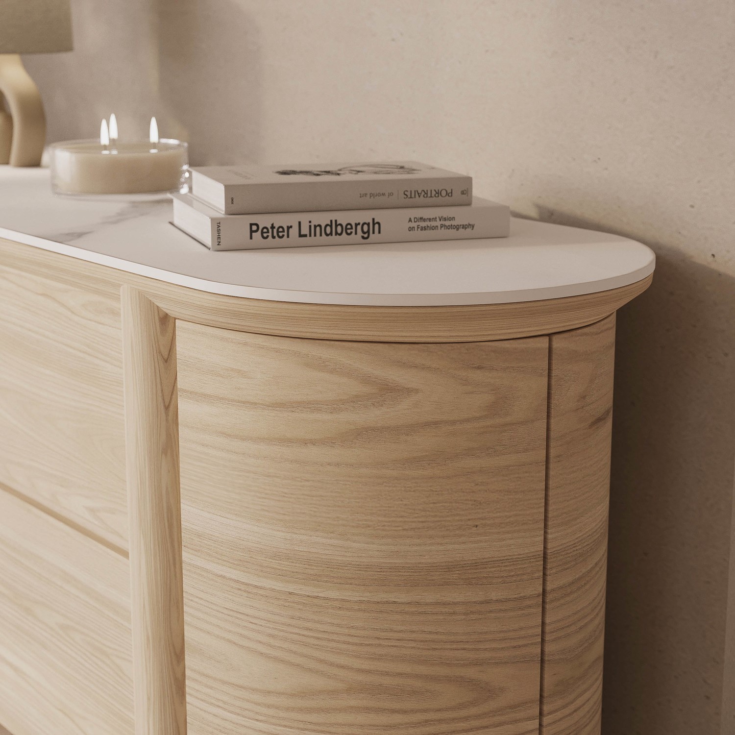 Large Curved Oak Sideboard with Marble Top - Gianna - Furniture123