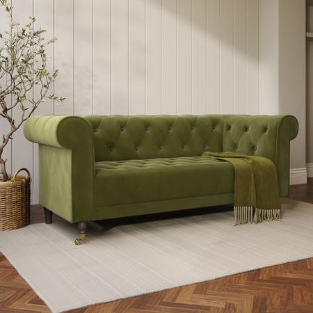 Olive Green Velvet Chesterfield 3 Seater Sofa Ophelia