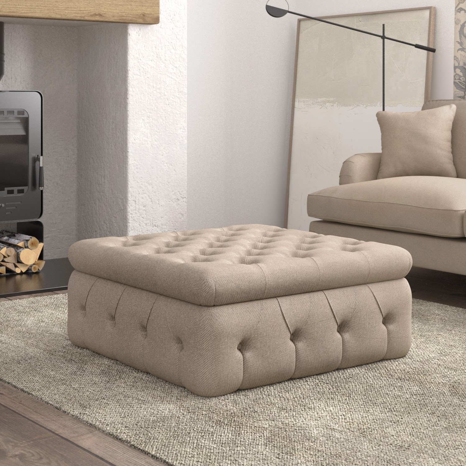 Large Beige Fabric Storage Footstool - Payton - Furniture123
