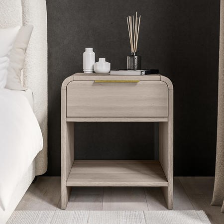 Wide Wooden Curved Bedside Table with Drawer Rhea