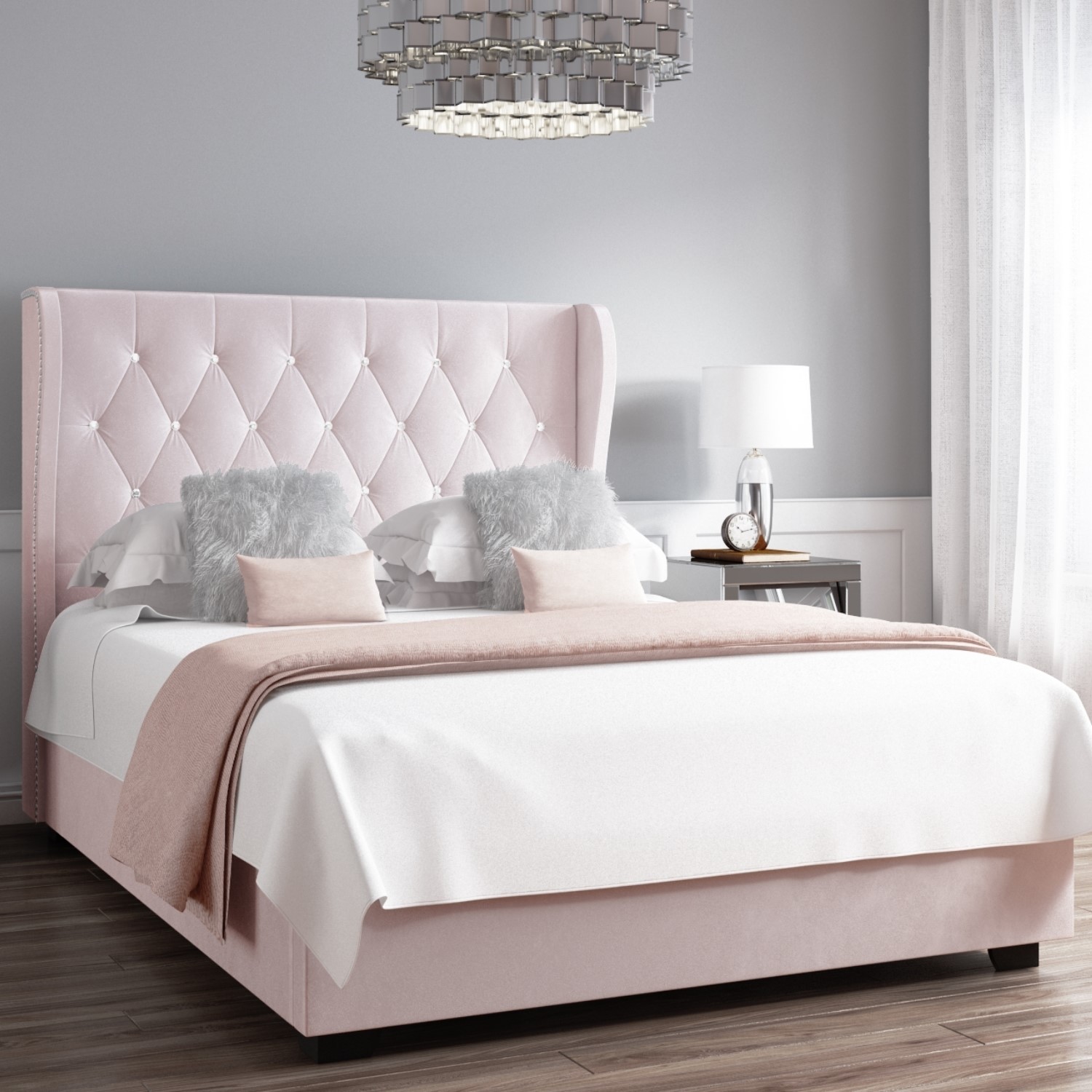GRADE A2 - Safina Diamante Wing Back Double Ottoman Bed in Light Pink ...