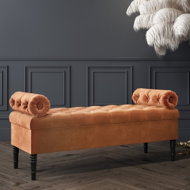 Safina Ottoman Storage Bench in Burnt Orange Velvet with Bolster ...