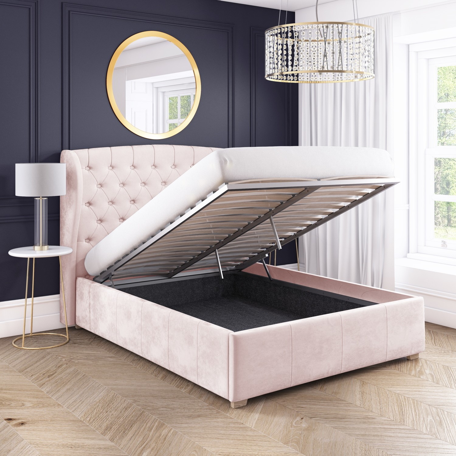 GRADE A2 - Safina Blush Pink Velvet Double Ottoman Bed with Winged ...