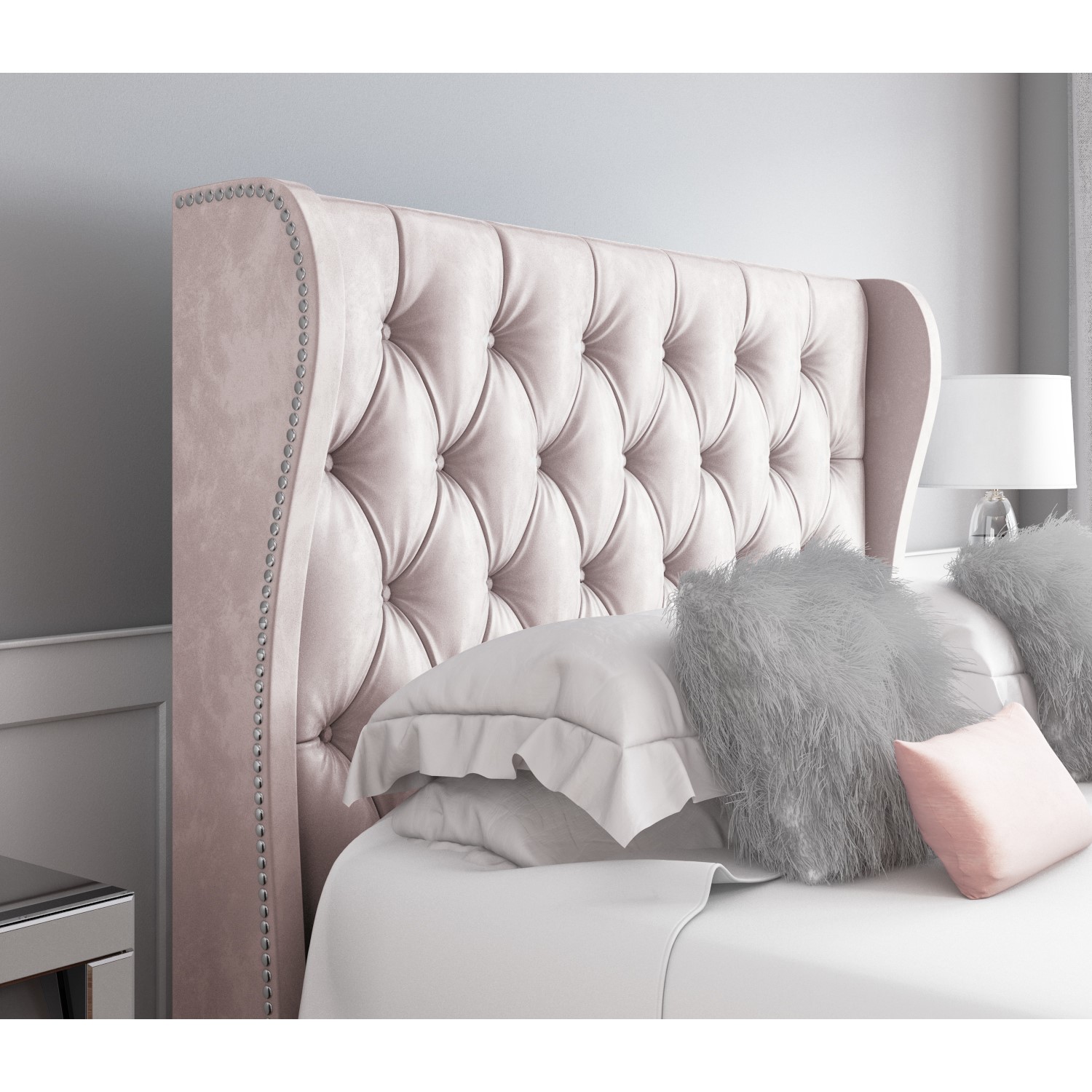 Safina Pink Velvet Small Double Ottoman Bed with Buttoned Headboard ...