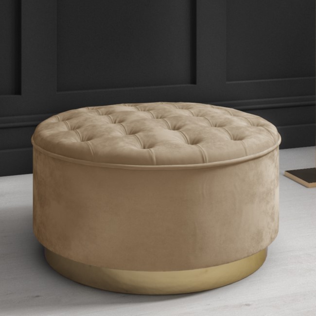 GRADE A1 - Safina Large Round Velvet Footstool in Beige with Button ...
