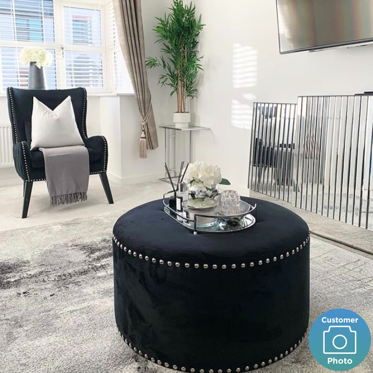 Large Black Velvet Pouffe with Studded Detail - Safina - Furniture123