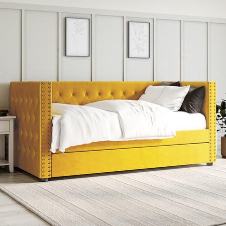 Single Day Bed Sofa with Trundle in Mustard Yellow Velvet Sacha Furniture123