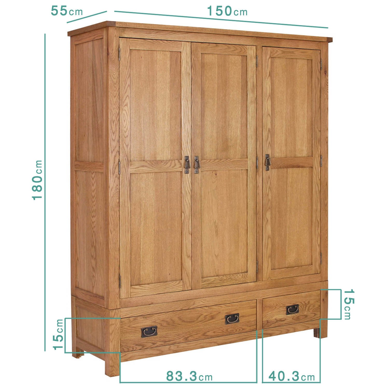 Rustic Saxon Oak 3 Door 2 Drawer Wardrobe - Furniture123