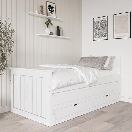 White bed with storage drawers store