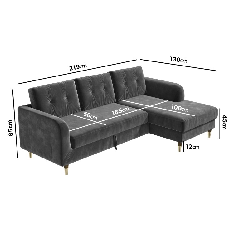 Grey L Shaped Sofa Bed in Velvet - Right Hand Facing - Sutton ...