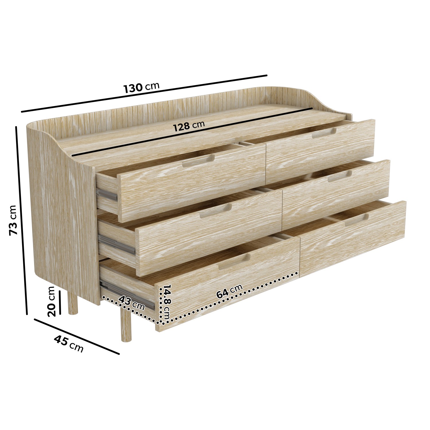 Mid-Century Modern Wide Chest of 6 Drawers with Legs in Light Wood ...