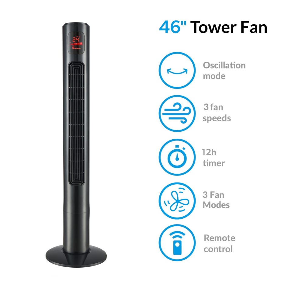 electriQ 46 Inch Black Tower Fan with Remote Control 3 Speed Settings ...