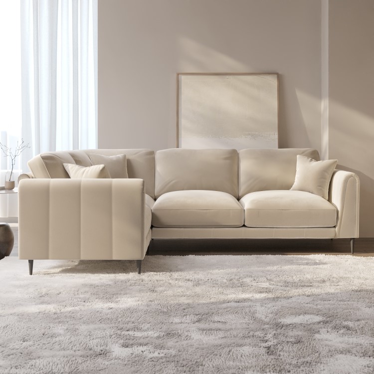 Beige Velvet 3 Seater Left Hand Facing Corner Sofa - Tahlia - Furniture123