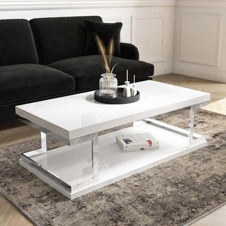 Large White Gloss Coffee Table with Shelf - Tiffany - Furniture123