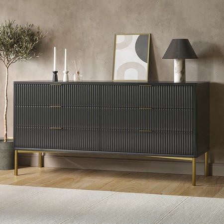 Wide Dark Grey High Gloss Chest 6 Drawers with Legs - Valencia ...