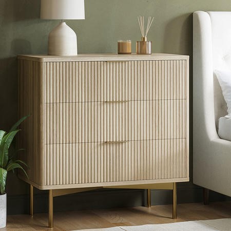 Oak and Gold Ribbed Chest of 3 Drawers - Valencia - Furniture123