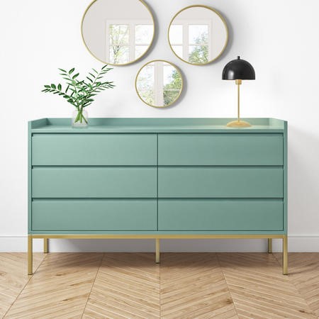Wide Sage Green Modern Chest of 6 Drawers with Legs - Zion - Furniture123