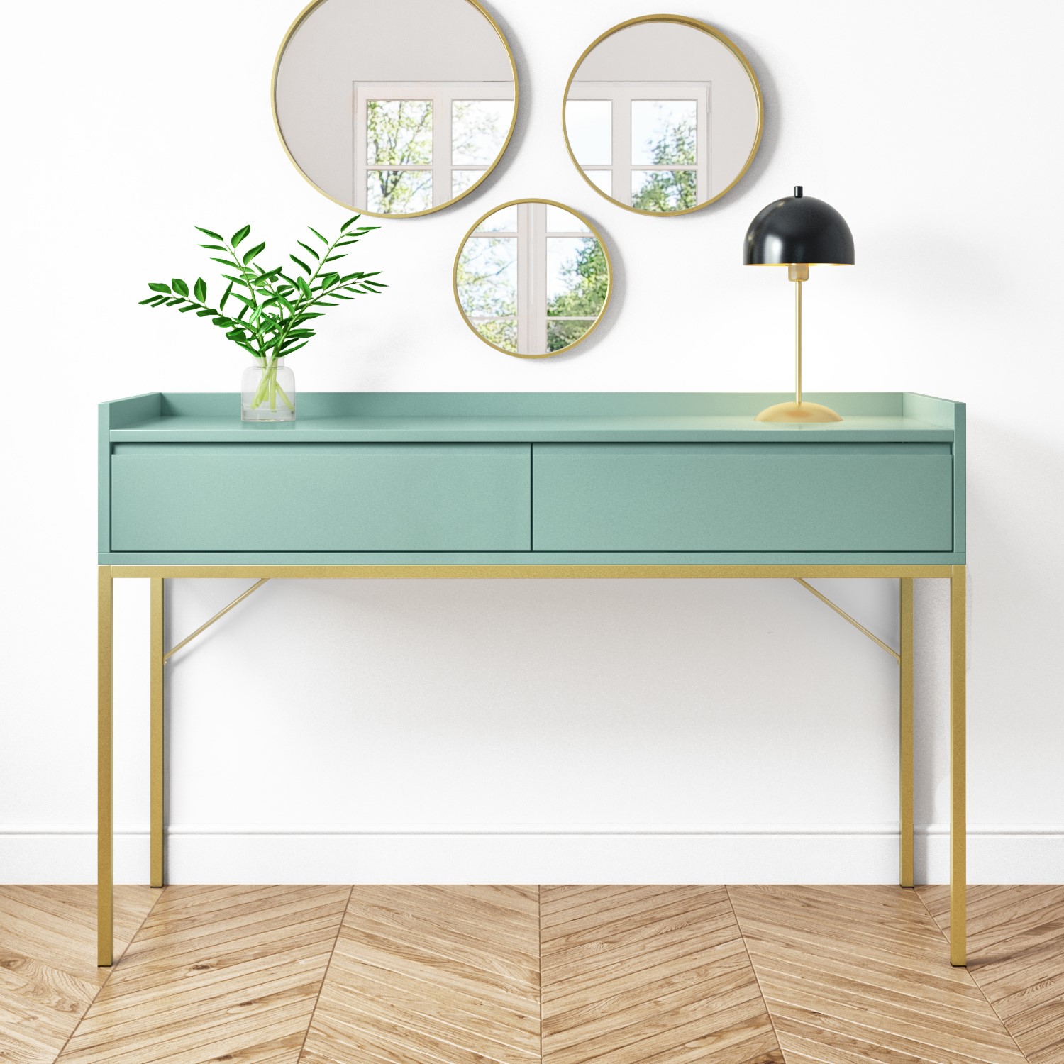 Green Dressing Table with 2 Drawers and Gold Legs - Zion - Furniture123